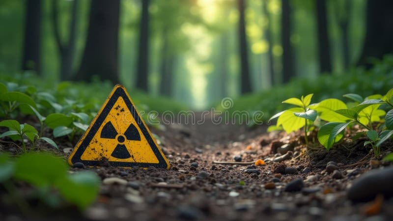 A Radioactive Hazard Sign Lies on the Ground in the Forest Near a Path ...