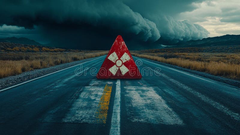 Radioactive Warning Sign on Deserted Road Under Stormy Skies Stock ...