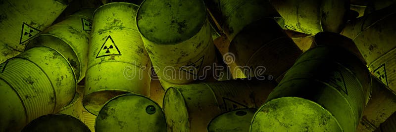 Radioactive Waste in Barrels, Pile of Nuclear Trash, Background Banner ...