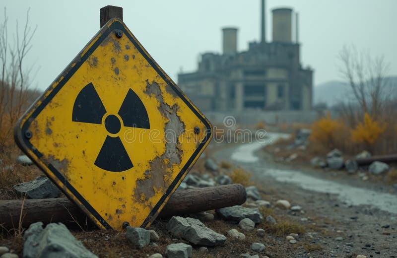 Radioactive Zone Warning Sign. Nuclear Plant in Background ...