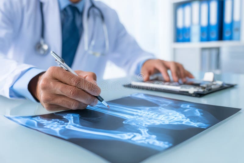 A Radiologist Focuses on Studying an X-ray on a Lightbox, Using a Pen ...
