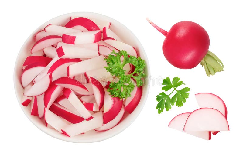 Radish Slices in Ceramic Bowl Isolated on White Background. Top View ...