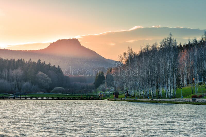 Radkow Lagoon, View from the Shore To Stolowe Mountains at Sunset Stock ...