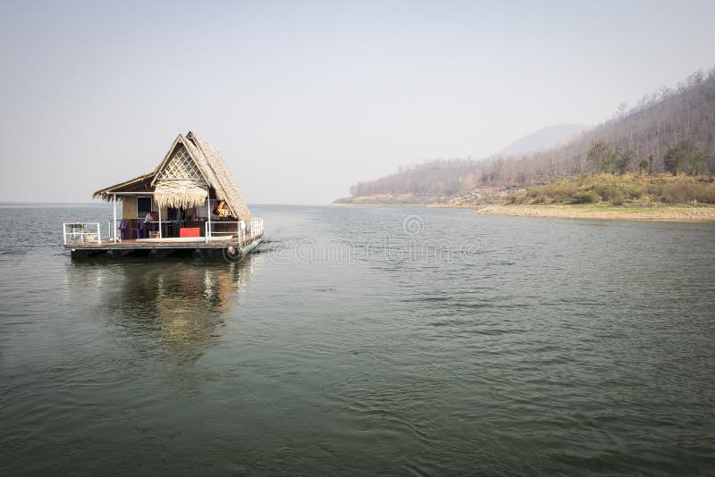 Raft House Floating on the River with Mountain at Kanchanaburi, Resort ...