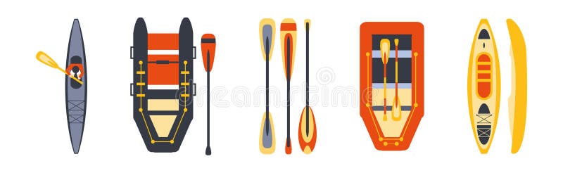 Raft and Kayak Activity with Boat and Oar Vector Set Stock Vector ...