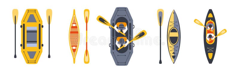Raft and Kayak Activity with Boat and Oar Vector Set Stock Illustration ...