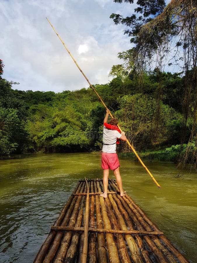 Raft on the River, Man and a Lot of Trees Stock Image - Image of rafts ...