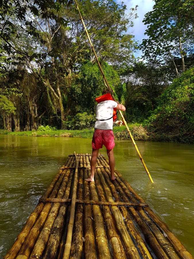 Raft on the River, Man and a Lot of Trees Stock Photo - Image of ...