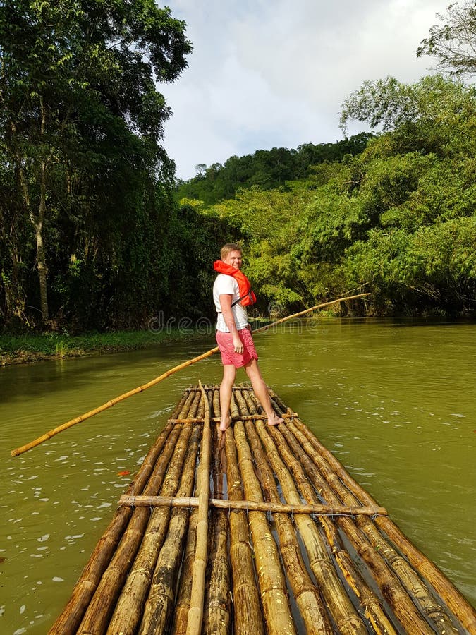 Raft on the River, Man and a Lot of Trees Stock Photo - Image of ...