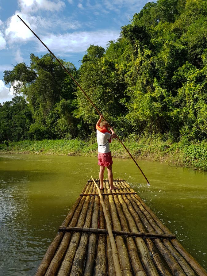 Raft on the River, Man and a Lot of Trees Stock Image - Image of rocks ...