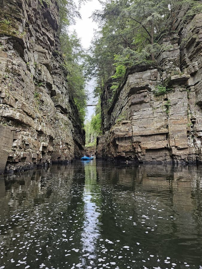 Rafting Boat between Cliffs in Ausable Chasm Canyon Mountain River in ...
