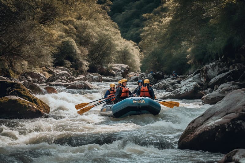 Rafting on a Large Boat on a Mountain River Created by Generative AI ...