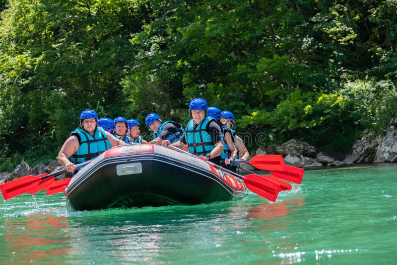 Rafting Team Goes Down the River on the Beautiful Sunny Day Stock Photo ...