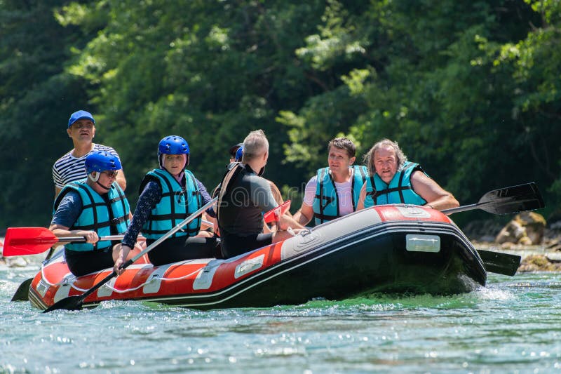 Rafting Team Goes Down the River on the Beautiful Sunny Day Stock Photo ...