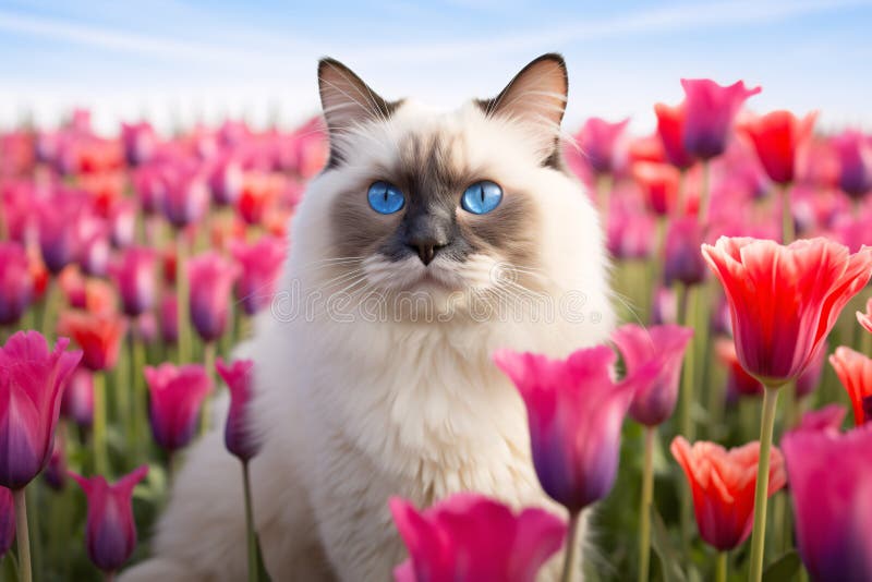 Ragdoll Cat in Field of Pink Tulip Spring Flowers Stock Illustration ...
