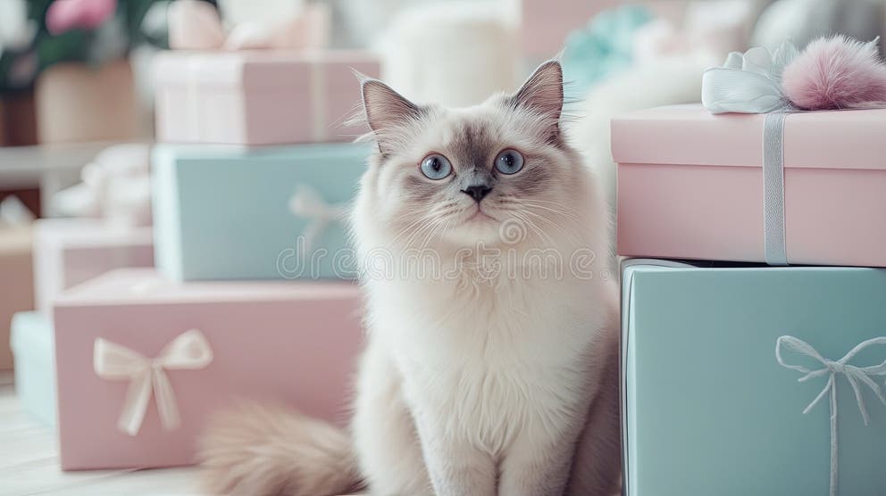 A Ragdoll Cat beside a Stack of Pastel Gift Boxes in a Boutique Stock ...