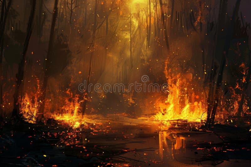 A Raging Fire Burning through Trees in the Forest, with Glowing Orange ...