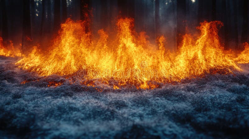 Raging Fire Spreading through a Dense Forest, Flames Climbing High into ...