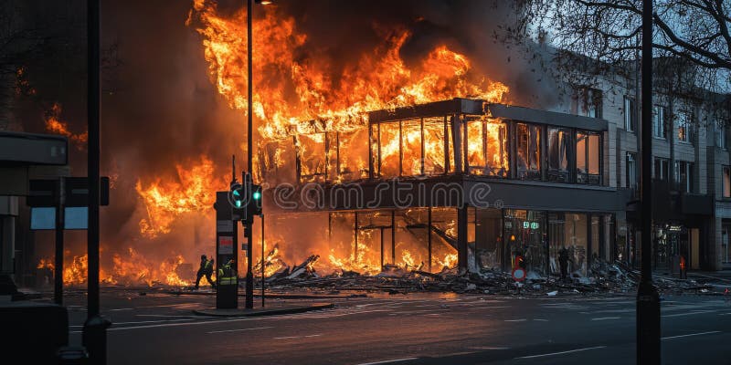 A Raging Fire Engulfs a Modern Building. Flames Rise Dramatically ...