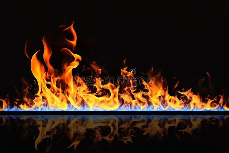 Raging Fire Flames with Reflection on Isolate Black Background Stock ...
