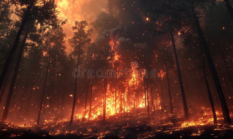Raging Fire Spreading through a Dense Forest, Flames Climbing High into ...