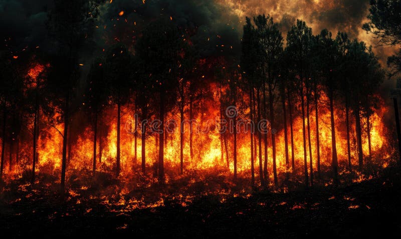 Raging Fire Spreading through a Dense Forest, Flames Climbing High into ...