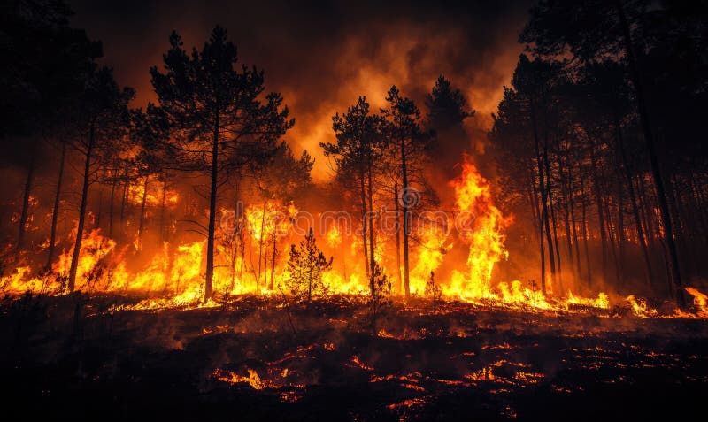 Raging Fire Spreading through a Dense Forest, Flames Climbing High into ...