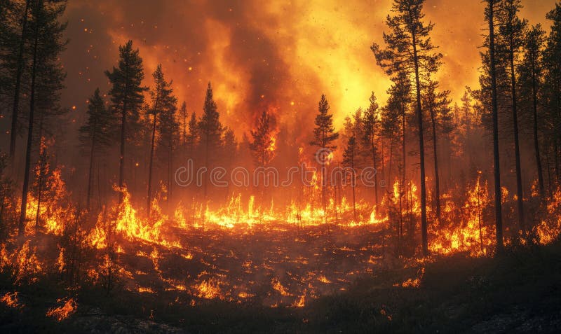 Raging Fire Spreading through a Dense Forest, Flames Climbing High into ...