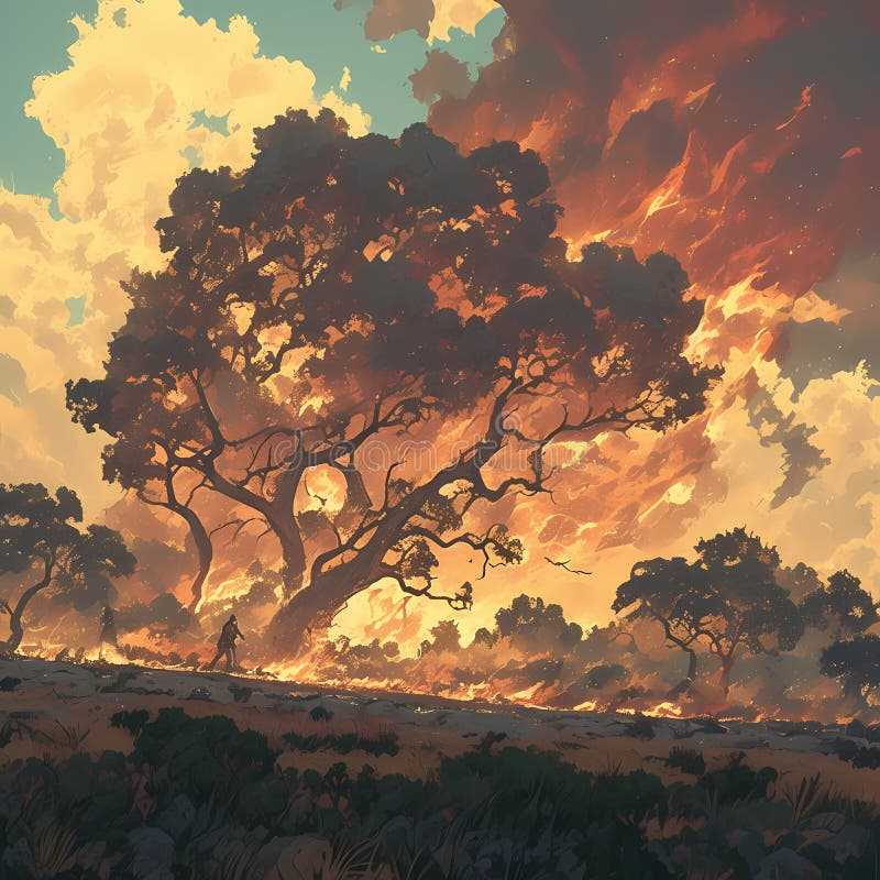 A Raging Fire Sweeps through a Landscape Consuming Trees Stock ...