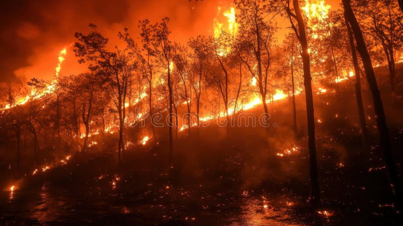 Raging Forest Fire Burning Trees on a Hillside at Night Stock ...