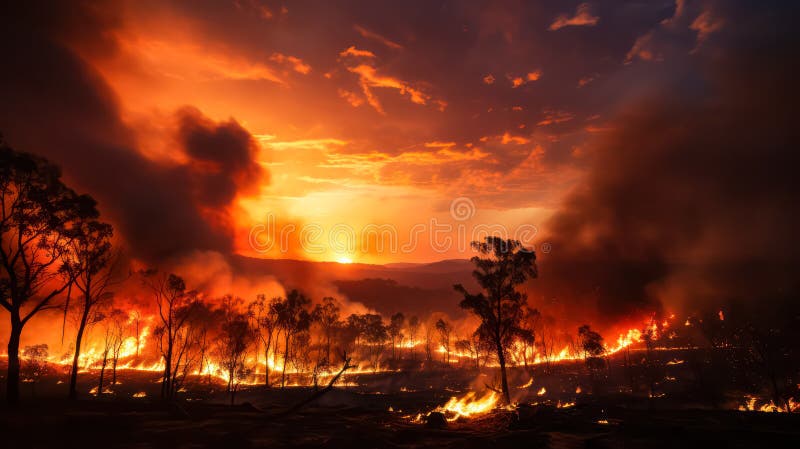 A Raging Forest Fire Engulfs Trees and Wildlife in Its Path Stock Photo ...
