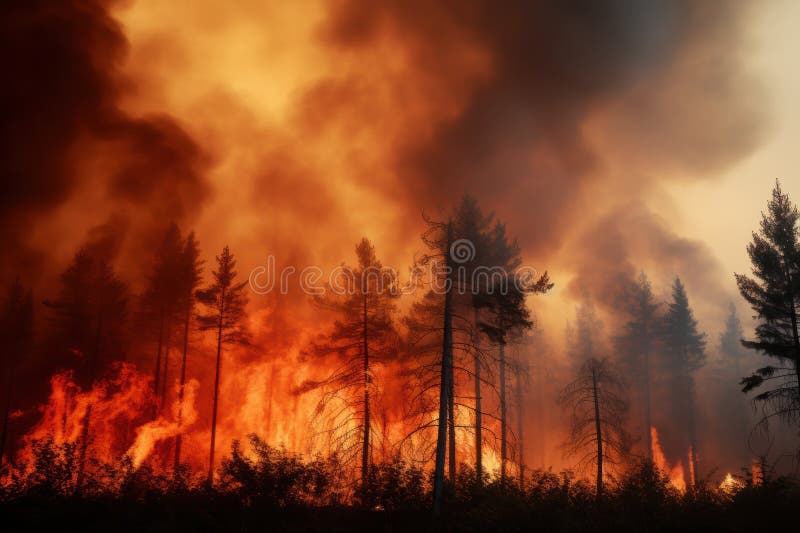 Raging Forest Fire with Orange Flames and Thick Smoke Stock ...