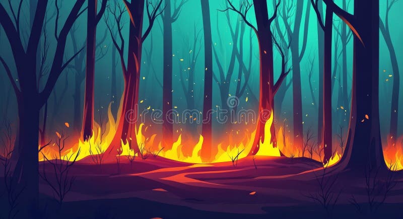 A Raging Forest Fire with Tall Trees and High Flames Burns Intensely in ...