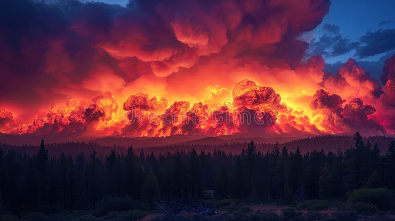 Raging Forest Fire Under a Dramatic Sunset with Billowing Smoke and ...