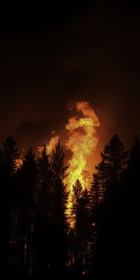 Raging Inferno of Flames in a Forest during the Night, with Glowing ...