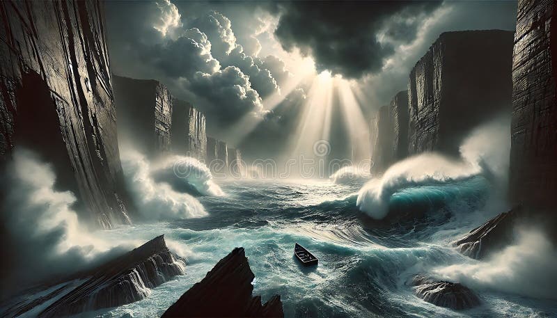 Raging Ocean Storm in a Dramatic Cliff Canyon with Sunlight Beams Stock ...