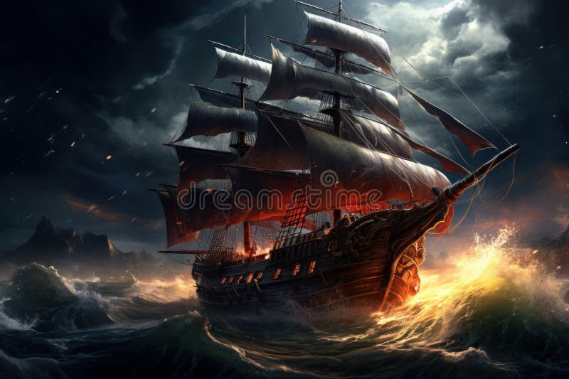 Raging Pirate Ship in Storm. Fantasy Vessel Stock Illustration ...