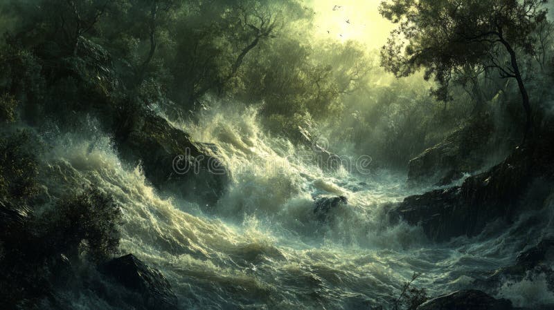 Raging River through a Lush Green Forest Stock Photo - Image of ...