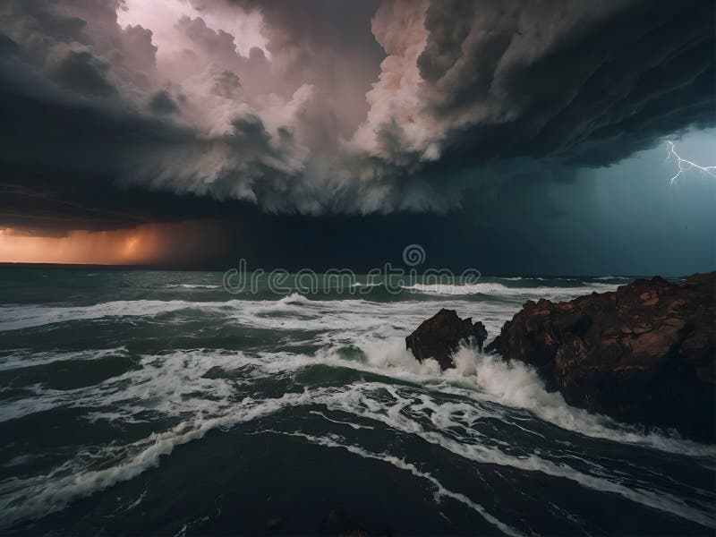 Raging Storm at Sea. a Powerful Storm Brewing Over the Ocean, with Dark Clouds and Churning ...