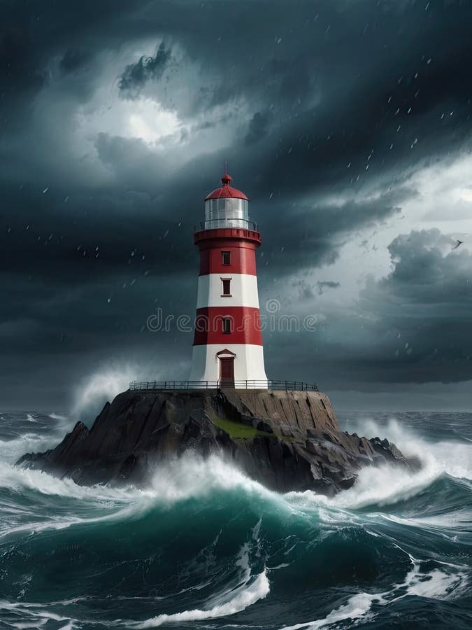 Raging Storm Waves Red Lighthouse Guides through Tempestuous Waters ...