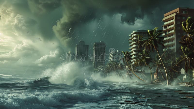 Raging Tropical Storm on the Beachfront Stock Illustration ...