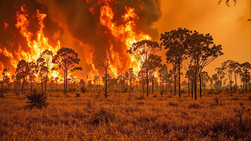 Raging Wildfire in African Savanna with Villagers Creating Firebreaks ...