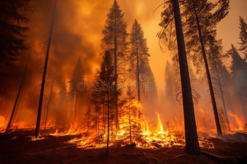 Raging Wildfire Burning through a Dry Forest, Climate Change ...
