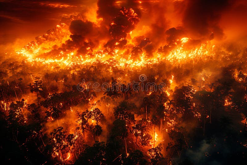 Raging Wildfire Consuming The Dense Tropical Of A Forest With Towering