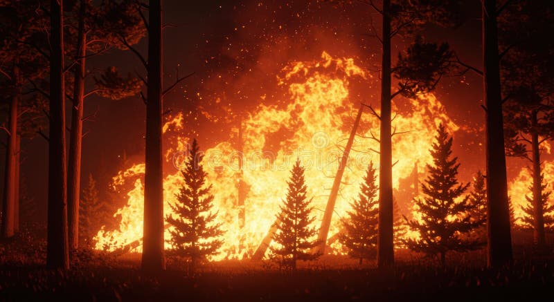 Raging Wildfire Inferno Devastating a Pine Forest at Night Stock ...