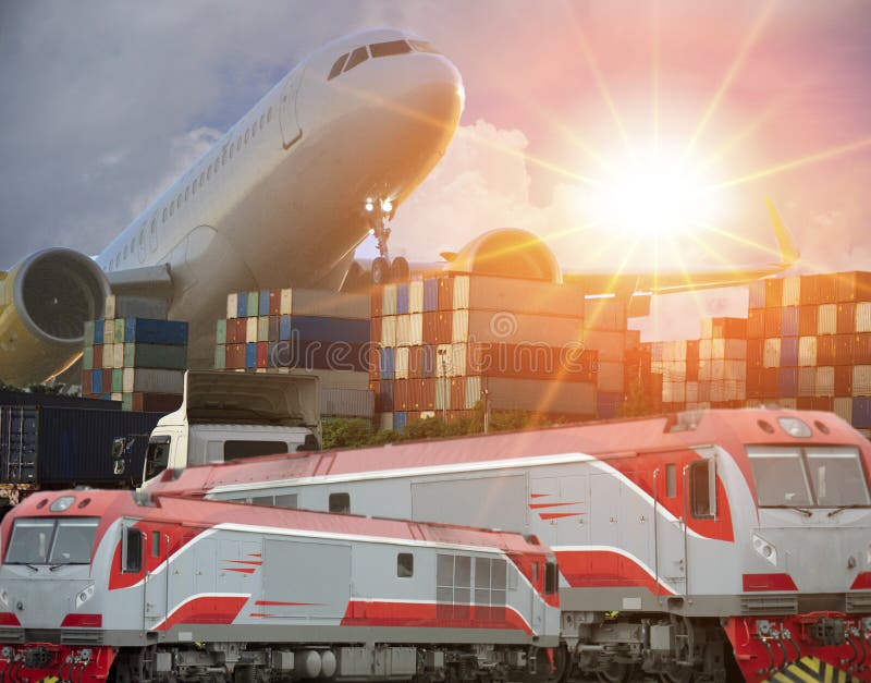 Rail and Air Transport Concept. Freight Train Cargo Plane Stock Image ...