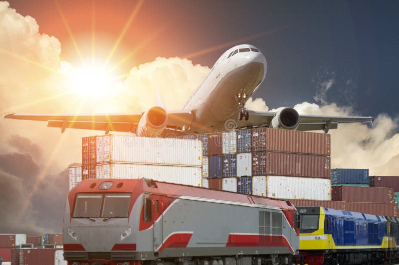 Rail and Air Transport Concept. Freight Train Cargo Plane Stock Image ...