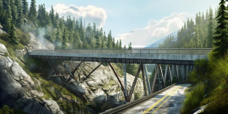 Railroad Wooden Train with Valley Bridge in Forest Mountain Stock ...