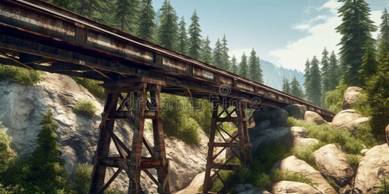 Railroad Wooden Train with Valley Bridge in Forest Mountain Stock ...