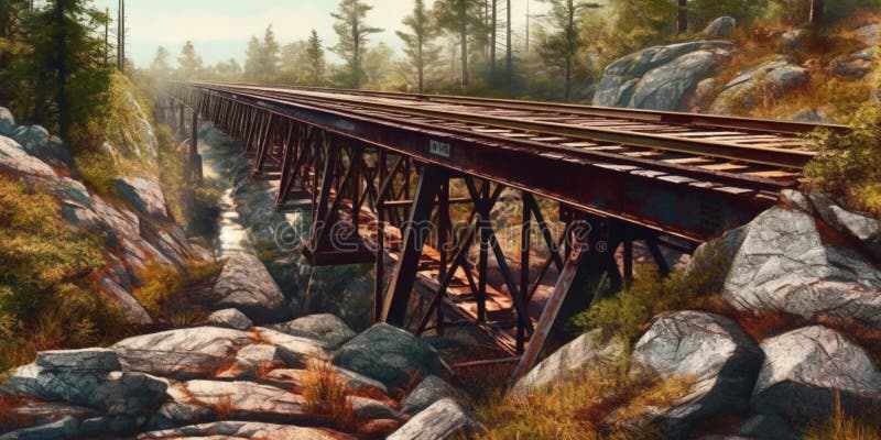 Railroad Wooden Train with Valley Bridge in Forest Mountain Stock ...